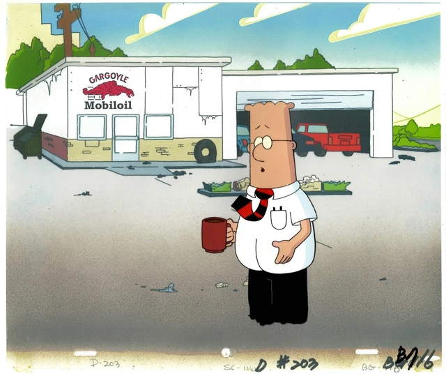 ORIGINAL DILBERT ANIMATION Cel: Giant DILBERT w/ Coffee at "BUCKSTARS ...