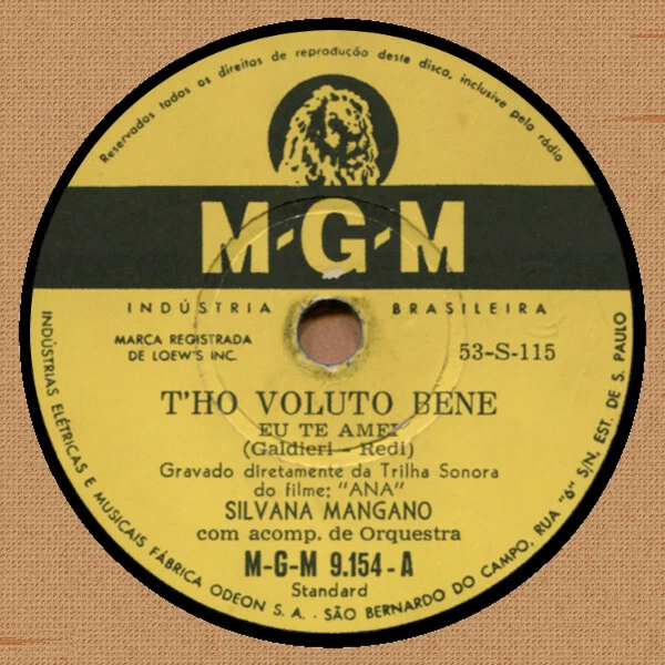 SILVANA MANGANO - T'Ho Voluto Bene / Baião De Ana (Shellac, 10") EUR 55 ...
