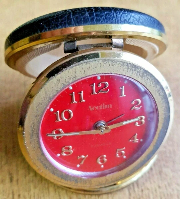 RETRO TRAVEL CLOCK Alarm ACCTIM 2 Jewels Red Gold Dial Cased Wind Up ...