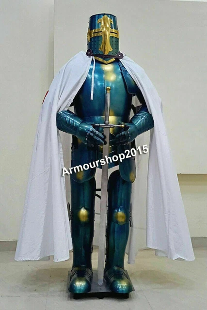 KNIGHT ARMOR COSTUME Antique Medieval Full Body Armor Suit With Wooden ...