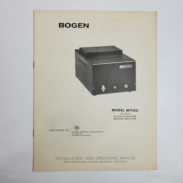 BOGEN MT100 INSTALLATION and Operating Manual w/ Schematics $1.65 ...
