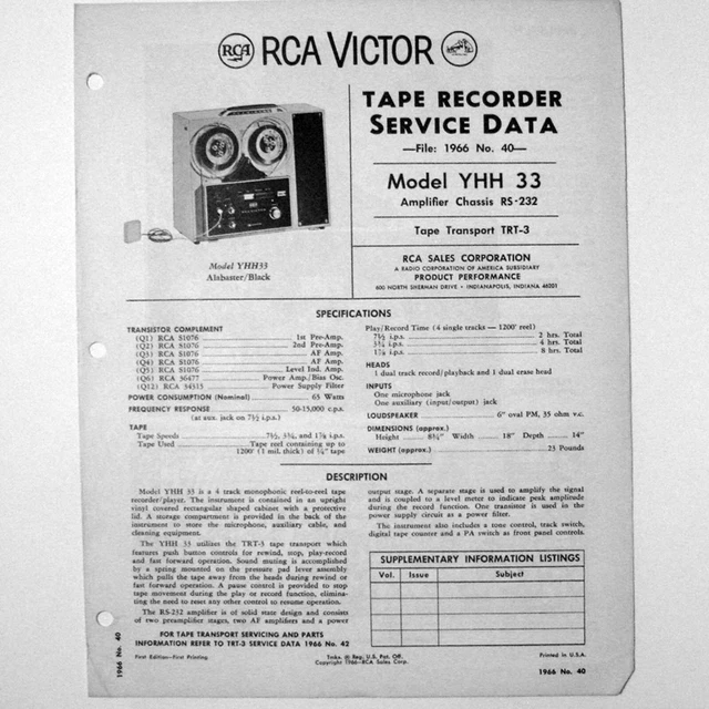 RCA ® MODEL YHH 33 RS-232 TRT-3 Open Reel To Reel Recorder Service ...