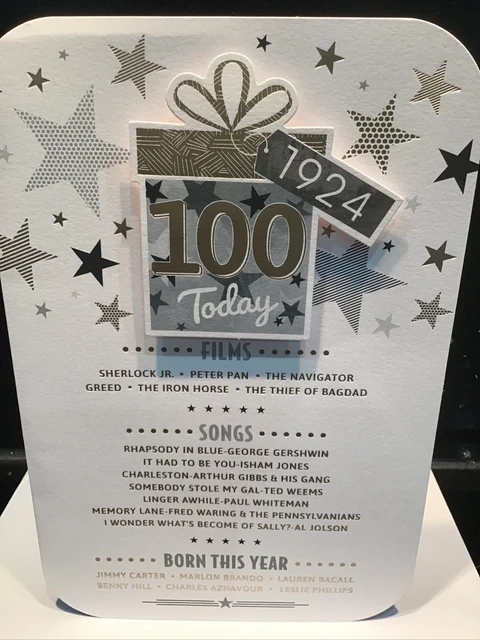 100TH BIRTHDAY CARD Year You Were Born In 1924 Event 9" X 6" Age 100 ...