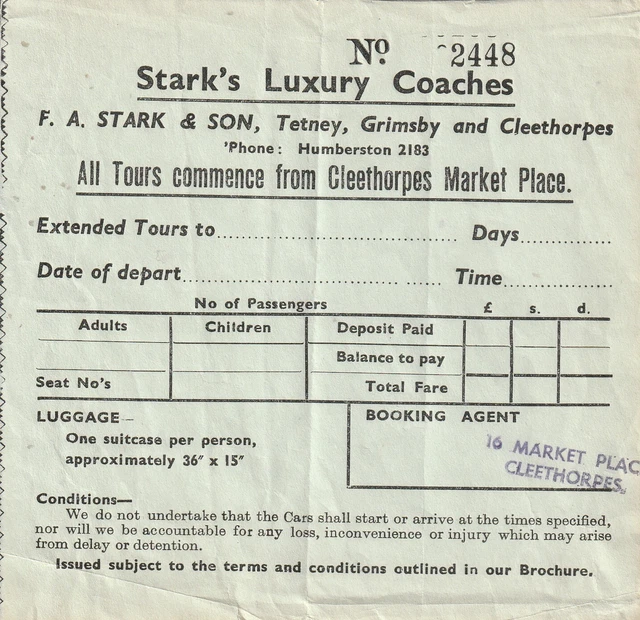 PAPER TICKET. Stark's Luxury Coaches of Grimsby and Cleethorpes. Tours ...