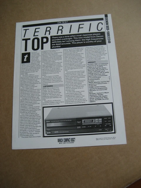 DENON CD PLAYER Test Report Denon Dcd1000 Brochure Denon Hifi Dcd-1000 ...