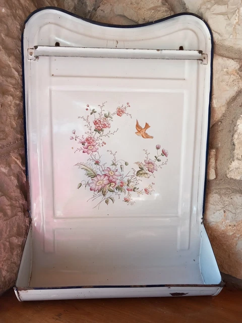 ANCIEN PORTE LOUCHE ustensile tôle émaillée décor fleuri oiseau tons ...