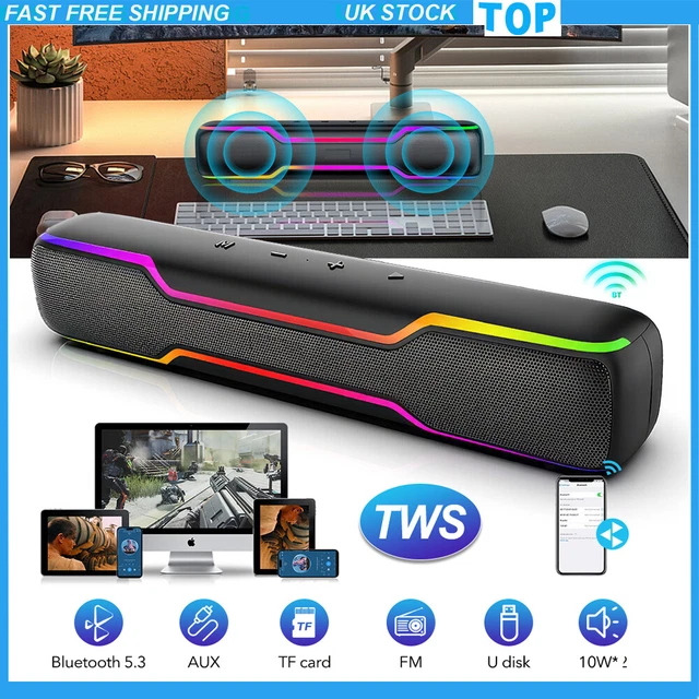 20W BLUETOOTH COMPUTER Speaker Stereo Gaming Sound Bar 3.5mm AUX for ...