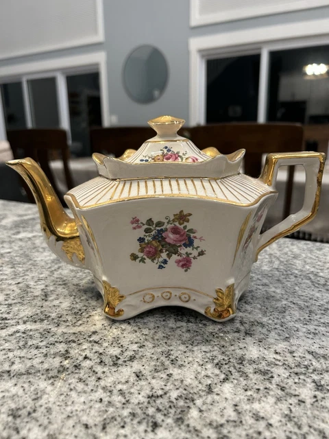 VINTAGE ARTHUR WOOD 5086 Monarch Floral Rose Teapot Gold Accents ...