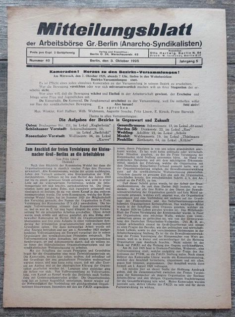 MITTEILUNGSBLATT / FLUGBLATT Weimarer Republik KPD RFB Arbeiter-Union ...