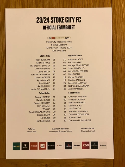 STOKE CITY V Ipswich Town 1 January 2024 Club Format A4 Colour Team ... STOKE CITY V Ipswich Town 1 January 2024 Club Format A4 Colour Team ...