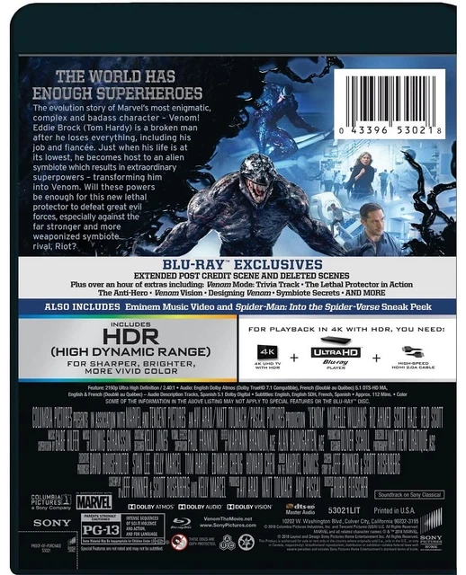 VENOM (4K UHD Blu-ray) Tom Hardy Michelle Williams Riz Ahmed (US IMPORT ...