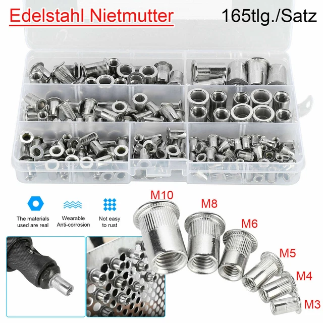 165-TLG. EDELSTAHL NIETMUTTER Box Blindnietmuttern Einnietmuttern Set ...