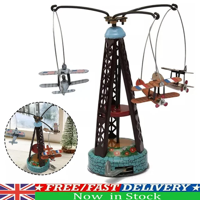 VINTAGE WINDUP ROTATING Airplane Carousel Clockwork Tin toy Collectible ...