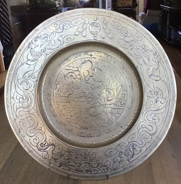 ANTIQUE LARGE V. Heavy Brass Chinese Dragon Plate Plaque Character Mark ...