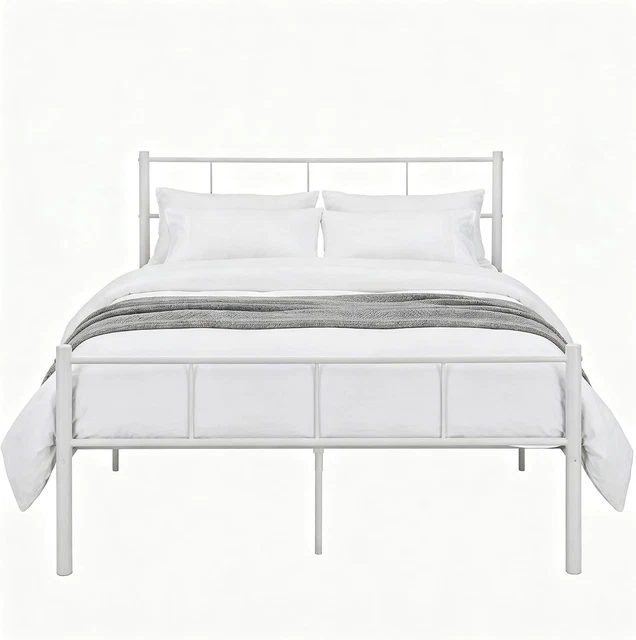 WHITE METAL BED Frame 4FT6 Double Modern Sturdy with Headboard & Slats ...
