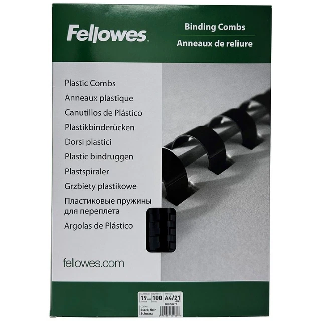 FELLOWES BINDING COMBS 21 Loop 19mm Black 100 Packs- NEW in Unopened ...