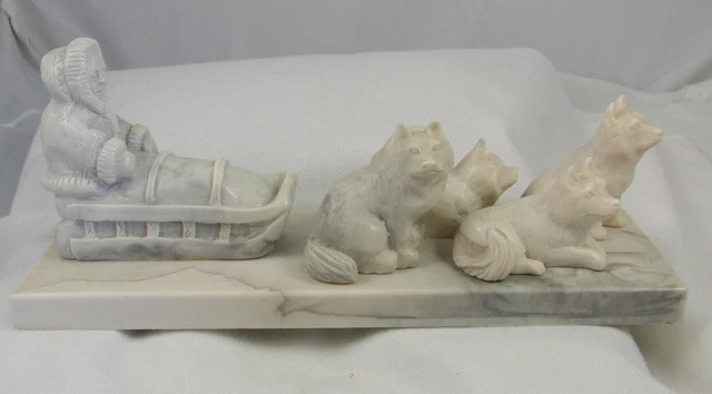 CANADIAN HANDCRAFTED PEARLITE by Marblecraft statue musher,dogs & sled ...
