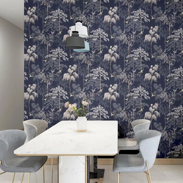 JAPONAIS JARDIN PAPIER Peint Arbres Fleurs Oiseaux Arthouse Bleu Marine ... JAPONAIS JARDIN PAPIER Peint Arbres Fleurs Oiseaux Arthouse Bleu Marine ...