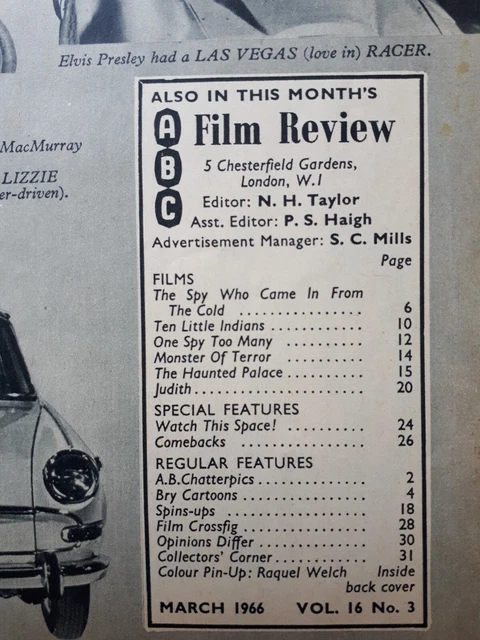 ABC FILM REVIEW Magazine Mar 1966 Raquel Welch UNCLE Sophia Loren Boris ...