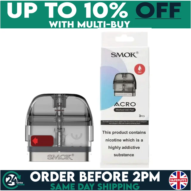 SMOK ACRO REPLACEMENT Pod 0.6Ω DC MTL , 0.8Ω Mesh Pack of 3 | 2ml £8.95 ...