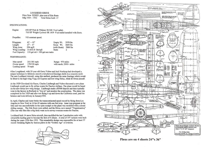 1/12 SCALE LOCKHEED Sirius (43") RC Plans, Templates and Instructions ...