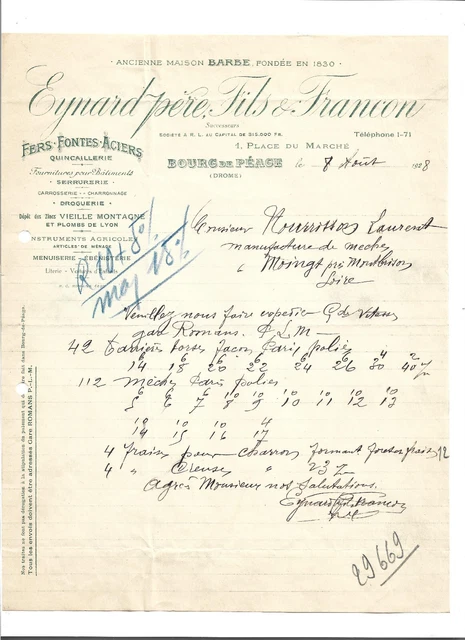 LETTRE ANCIENNE 1928 FERS FONTES et ACIERS EYMARD ET FRANCON à BOURG DE ...