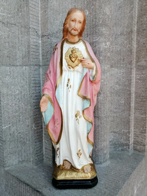 ANTIQUE FRANCE CHALKWARE Plaster Sacred Heart Jesus Christ Altar Statue ...