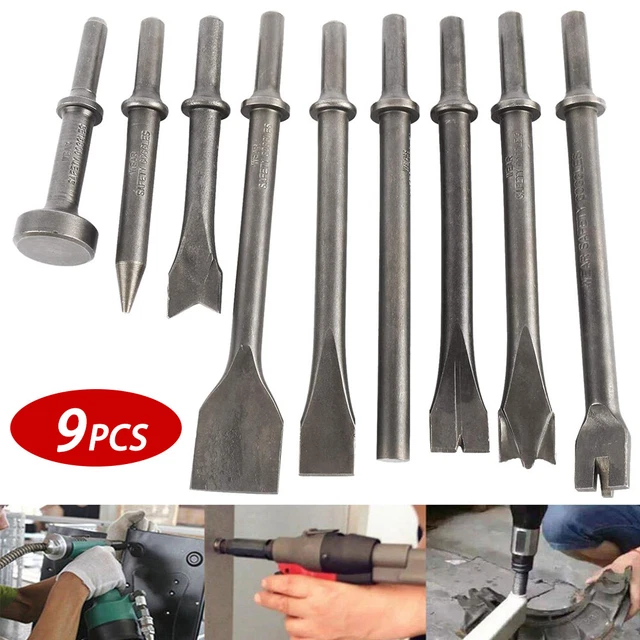 9PCS PNEUMATIC AIR Hammer Punch Chipping Bits Tool Chisel 0.39In Shank ...
