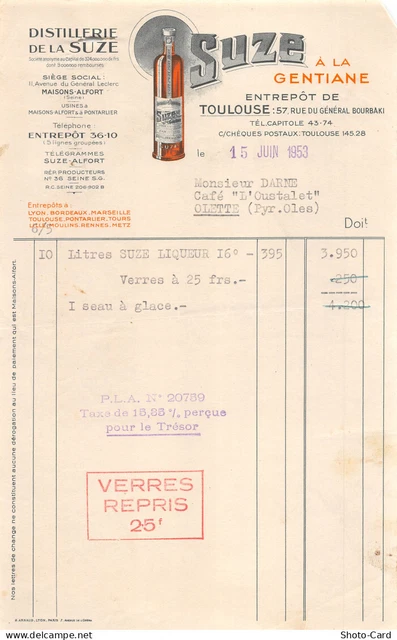 1953 DISTILLERIE DE La Suze A Toulouse-M. Darne A Olette Facturette EUR ...