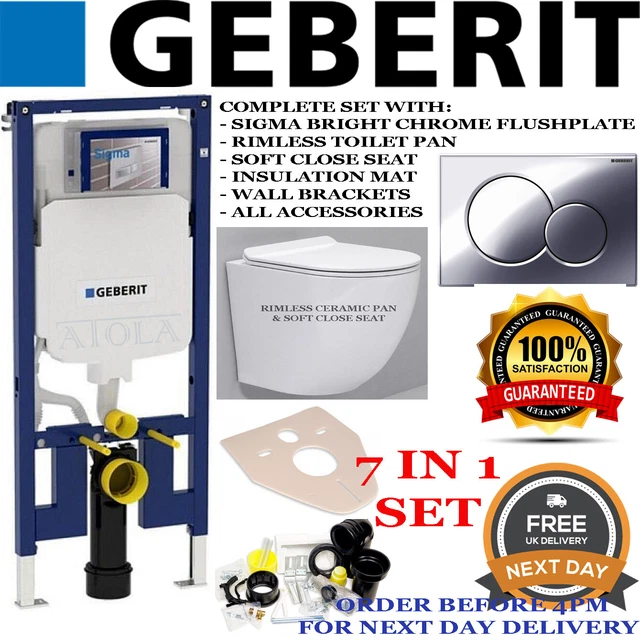GEBERIT WALL HUNG toilet frame, 8cm rimless pan, flushplate, brackets ...