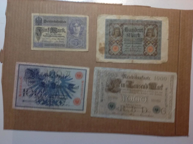 WORLD WAR 1 Era Old Currency Notes Germany 5, 100(2) &1000 Mark ...