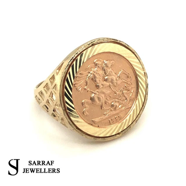 ST. GEORGE 1/10 Sovereign-Size Ring 9ct YELLOW GOLD CLASSIC Coin Dragon ...