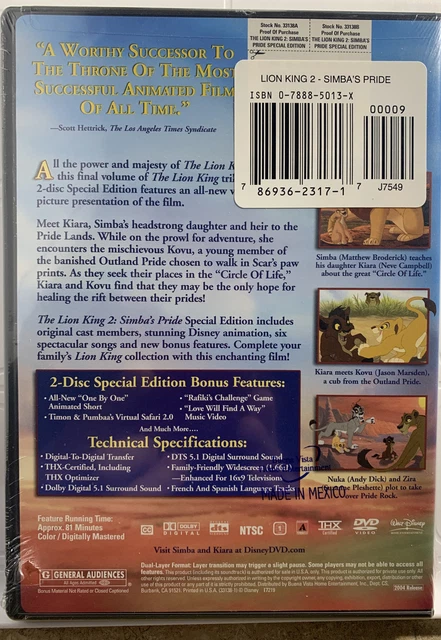 The Lion King 2 Simbas Pride Special Edition Dvd 2004 2 Disc Set