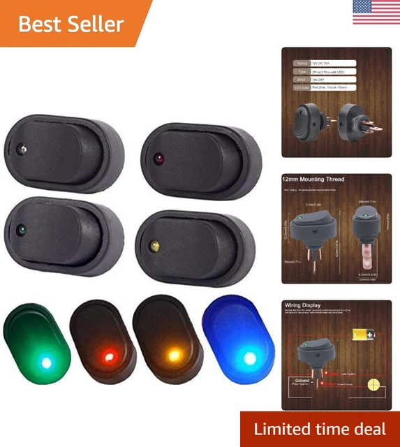 WATERPROOF LED ROCKER Toggle Switch - 12V, 30A, SPST On-Off Control - 4 ...