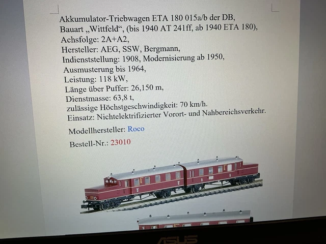 ROCO N 23010 Akku Triebwagen ( Bauart Wittfeld) ET 180 DRG unbespielt OVP EUR 100,00 - PicClick DE