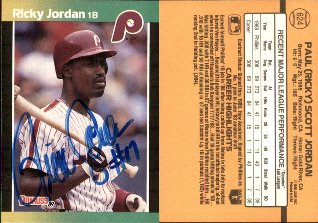 CARTE RICKY JORDAN signée 1989 Donruss #624 Philadelphie Phillies Auto ...