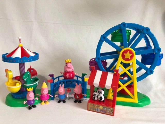 PEPPA PIG MERRY-GO-ROUND Ferris Wheel Bridge Booth five posable figures ...