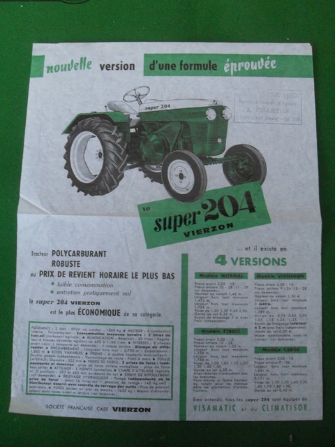 DEPLIANT PUBLICITAIRE & TRACTEURS VIERZON SUPER 204 " années 50 60 EUR ...