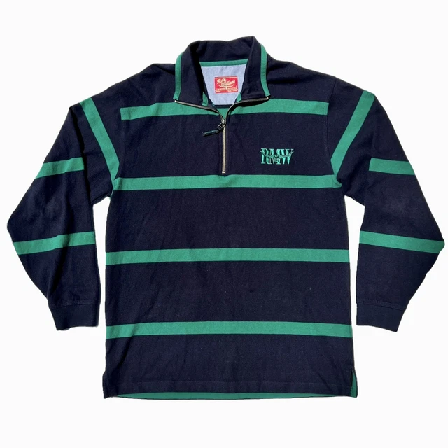 VINTAGE RM WILLIAMS Large Blue Green Rugby Long Sleeve Striped 1/4 Zip ...
