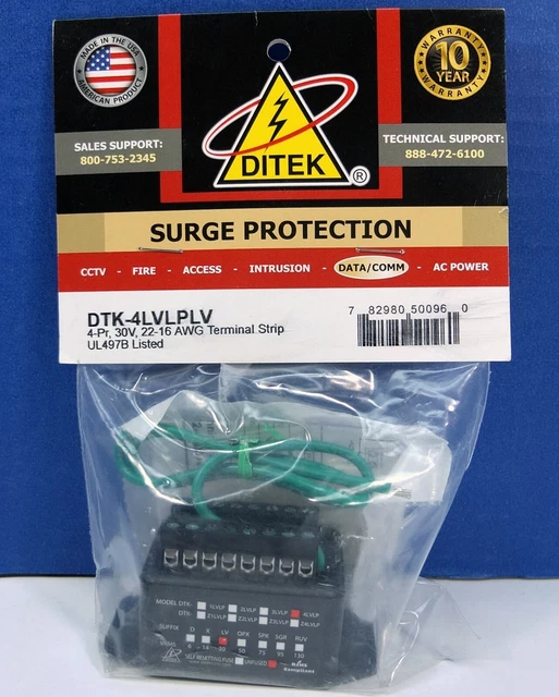 DITEK DTK-4LVLPLV 4-PR, 30V, 22-16 AWG Terminal Strip Circuit Surge ...