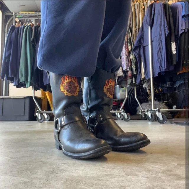 RARE HARLEY DAVIDSON Slip On Flame Logo Leather Harness Boots Frye Mens ...