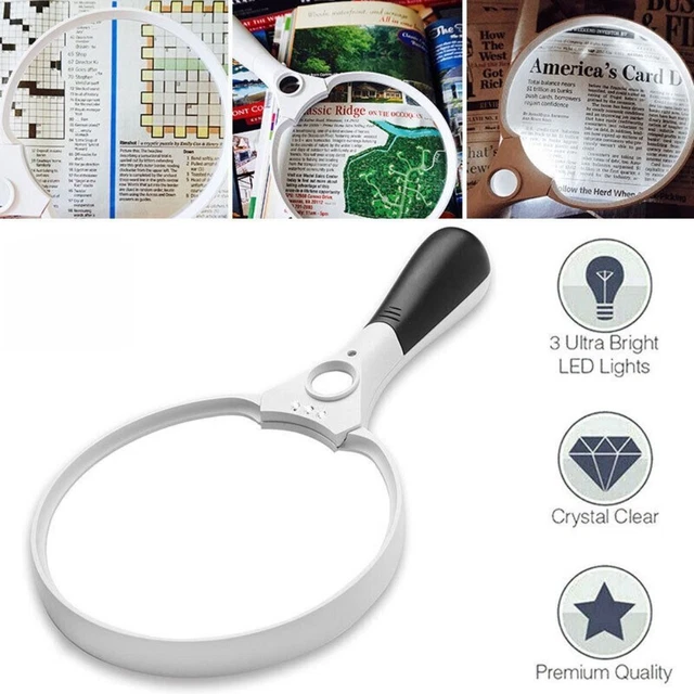 ZOOM HAND HELD Lightweight Large Loupe 3 Bright LED Magnifying Glass ...