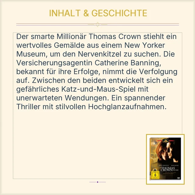 DIE THOMAS CROWN Affäre DVD Thriller Pierce Brosnan Rene Russo Deutsch ...