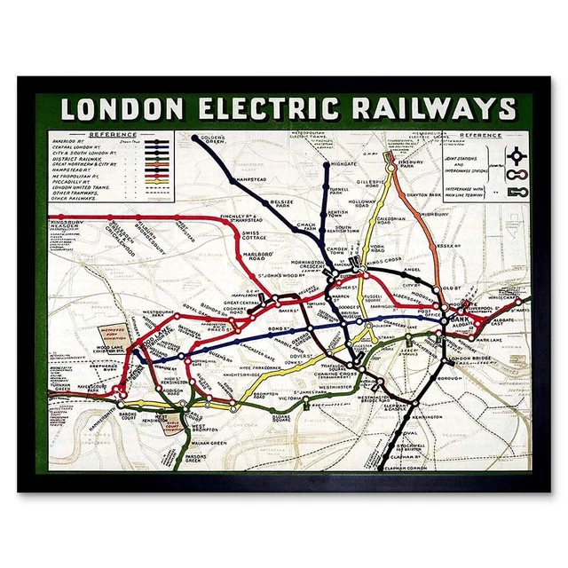 LONDON ELECTRIC RAILWAY Map Uk Vintage 12X16 Inch Framed Art Print £24. ...