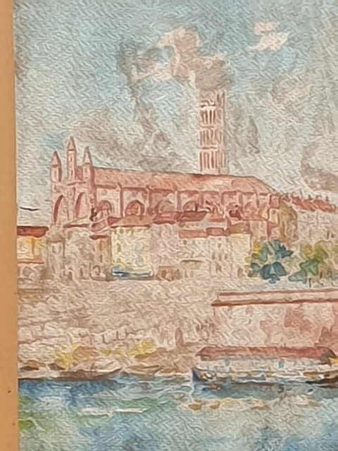 TABLEAU AQUARELLE SIGNÉ Paysage Église bord de fleuve bateau Peinture sur papier EUR 1,00 ...