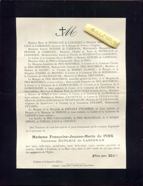 FAIRE-PART DÉCÈS FRANÇOISE Jeanne M.de Pin Comtesse Dupleix de Cadignan ...