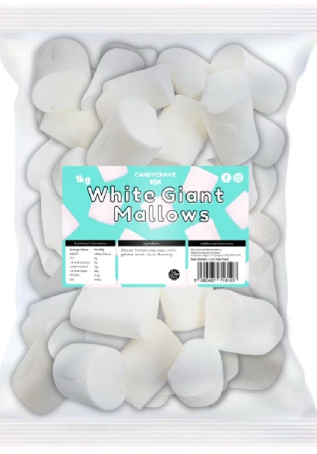 CANDYCRAVE GIANT WHITE Marshmallows 1kg Bulk Bag Halal Suitable Mallows ...