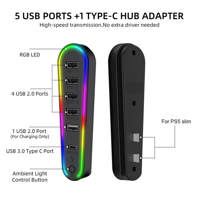 HUB USB 6 ports élégant pour PS5 Pro Slim avec lumières RGB et charge ...