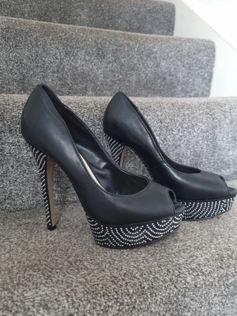 ALDO BLACK PEEP Toe Stiletto Rhinestone Heels – Size UK 3 – Very Good ...