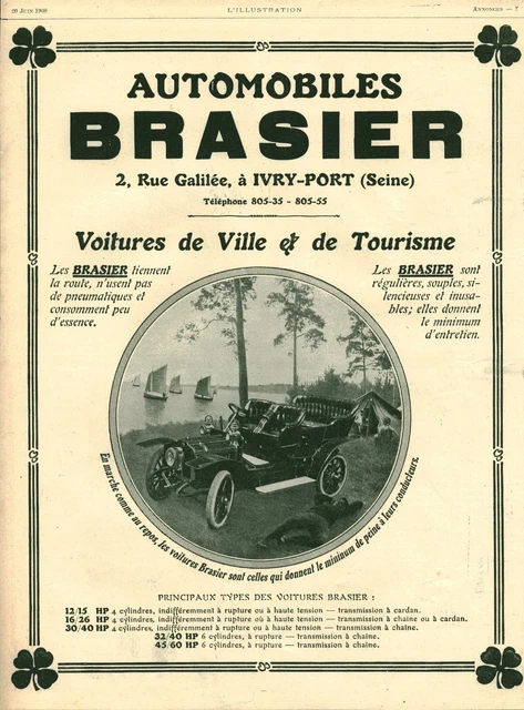 PUBLICITÉ ANCIENNE VOITURE automobile Brasier 1908 issue de magazine ...
